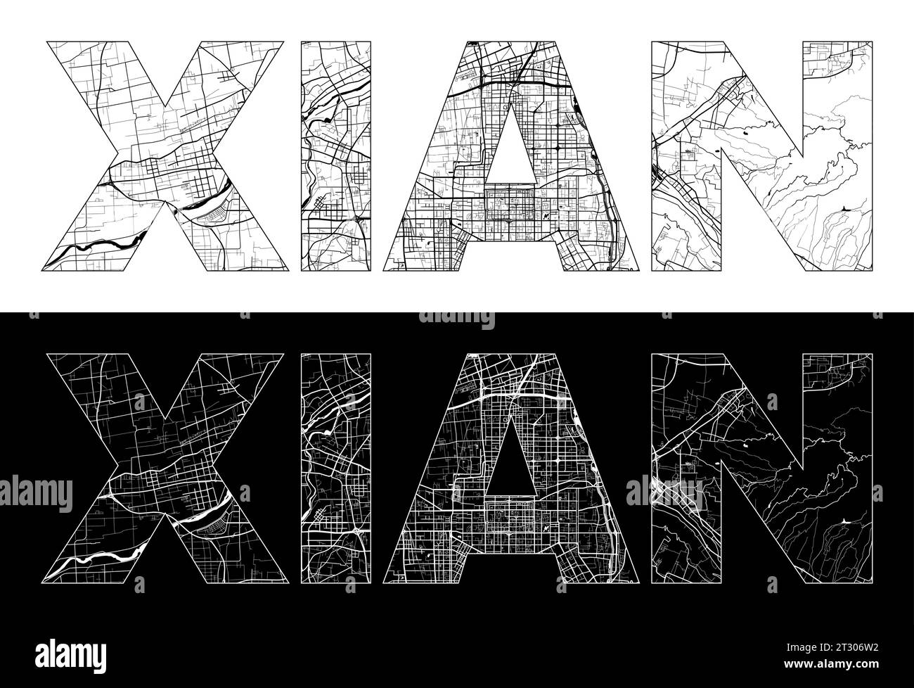 Xian City Name (China, Asia) with black white city map illustration ...