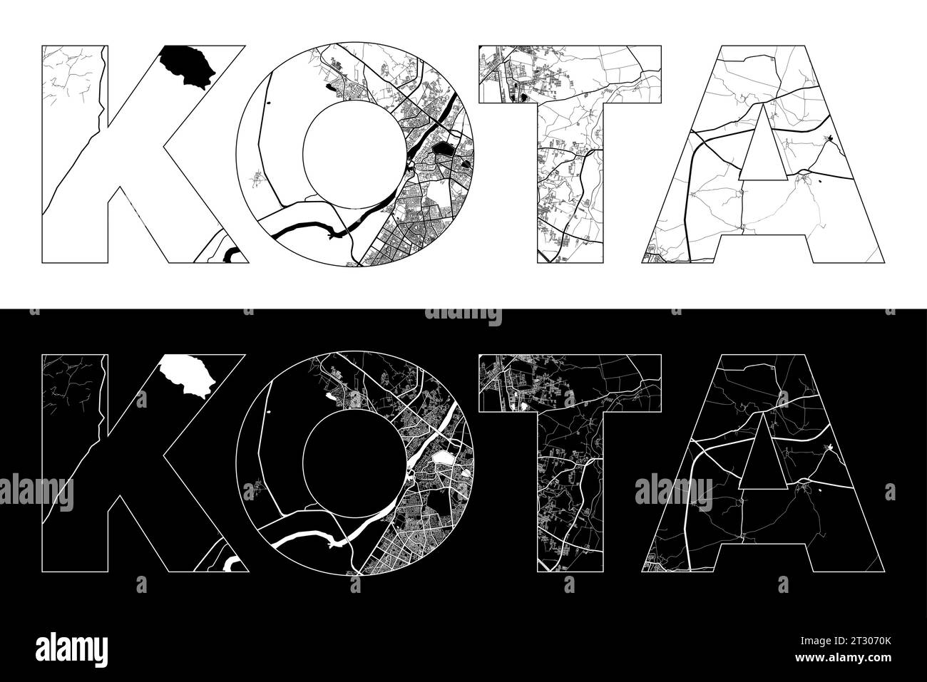 Kota City Name (India, Asia) with black white city map illustration ...