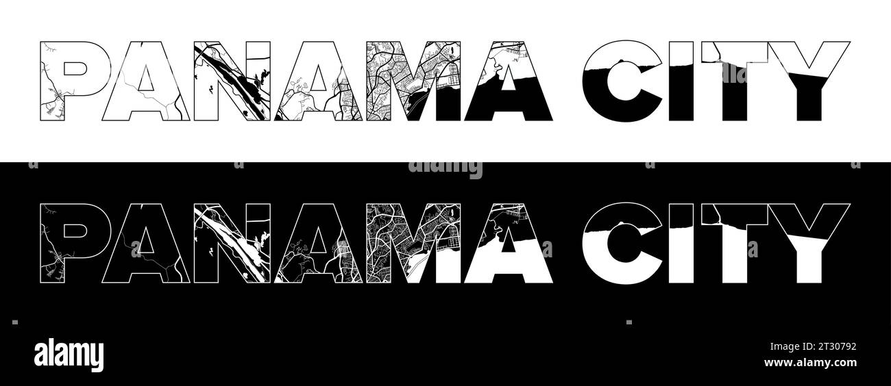 Panama City City Name (Panama, North America) with black white city map ...