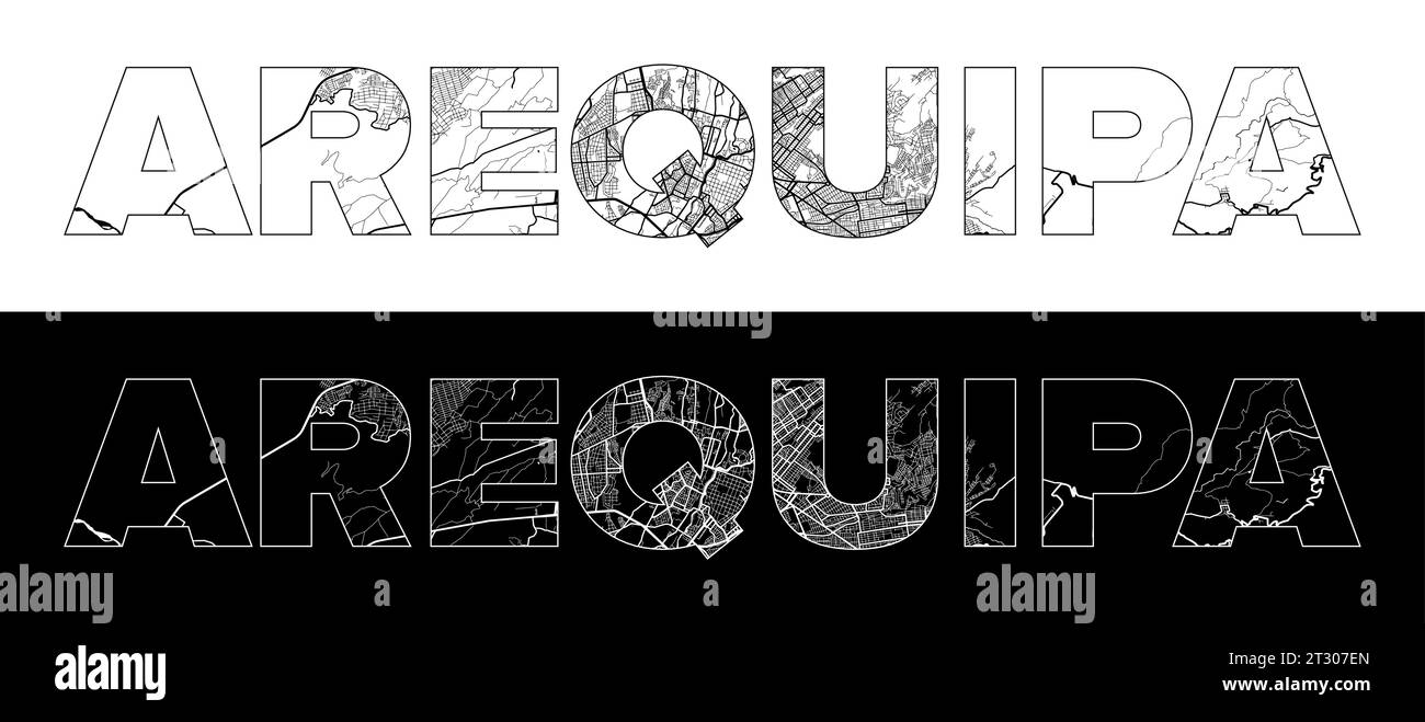 Arequipa City Name (Peru, South America) with black white city map ...