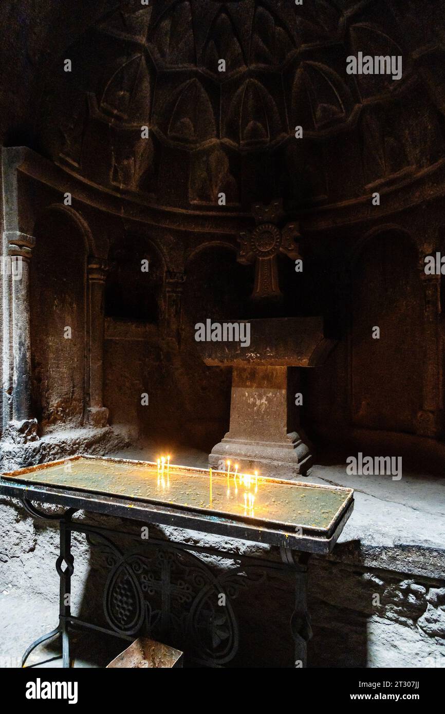 Goght, Armenia - September 30, 2023: altar in Rock-cut church with ...
