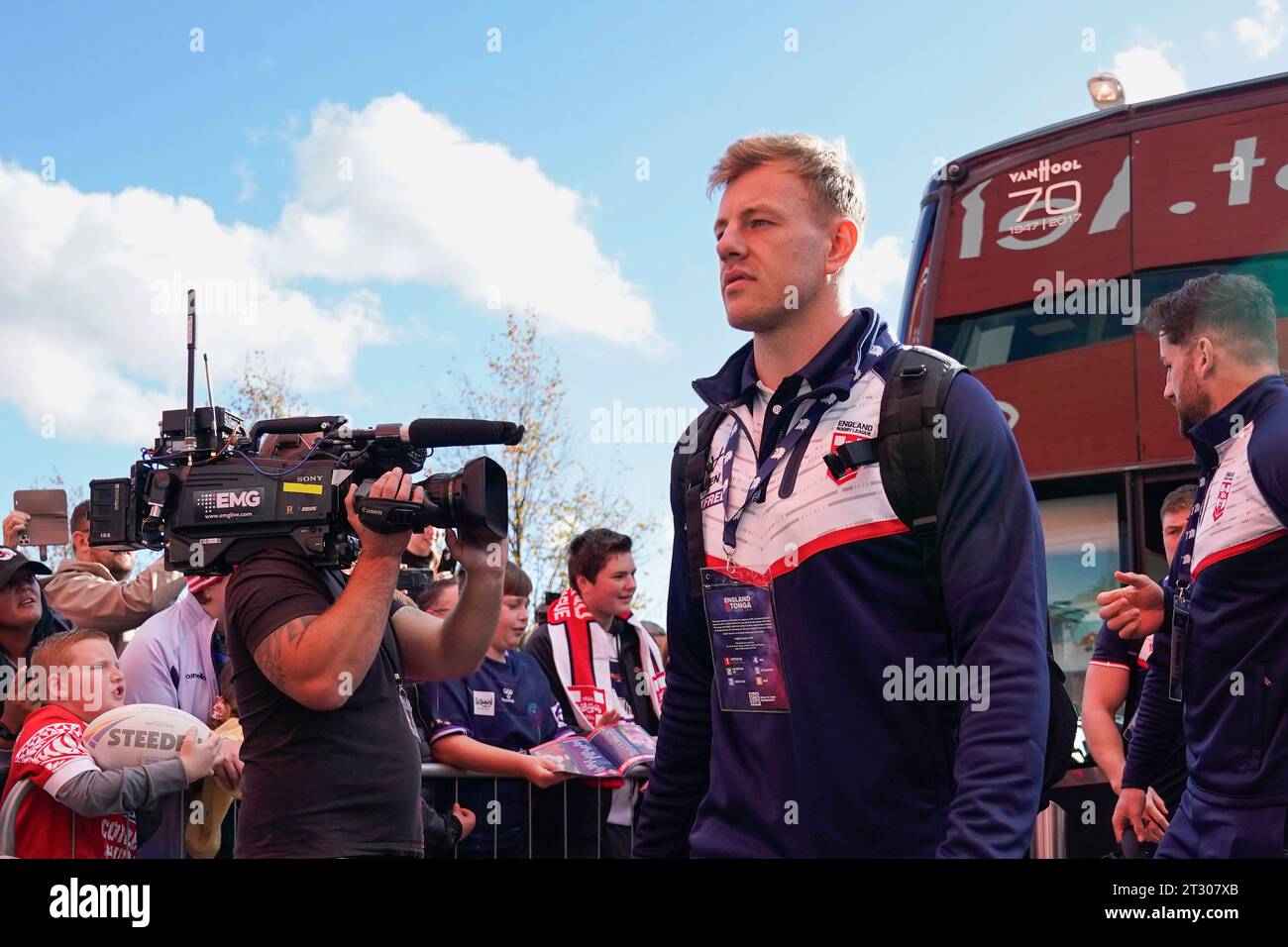 Tom Johnstone #5 of England arrives at the stadium before the Rugby ...