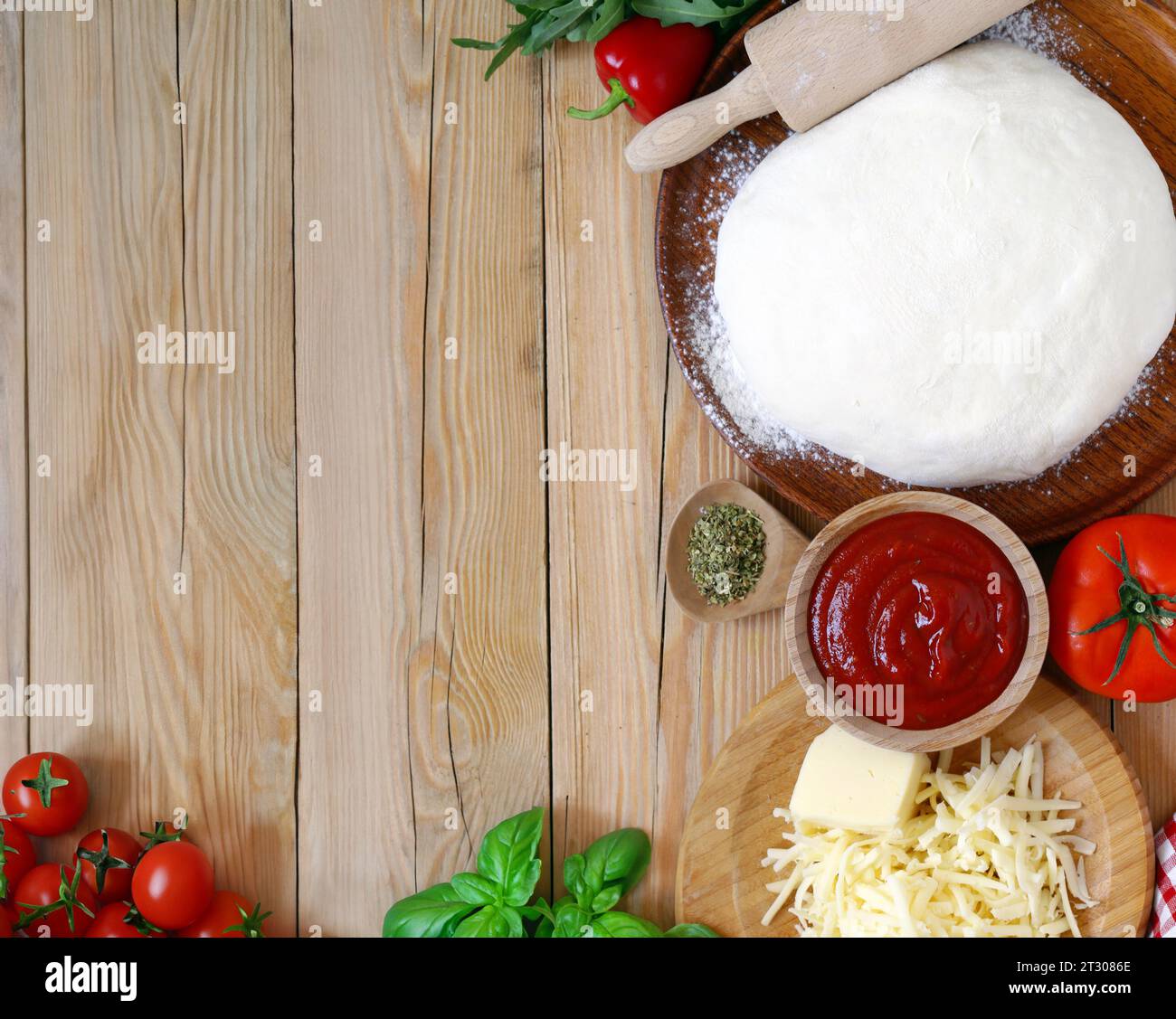 ingredients for making pizza - dough, tomato sauce, cheese Stock Photo ...