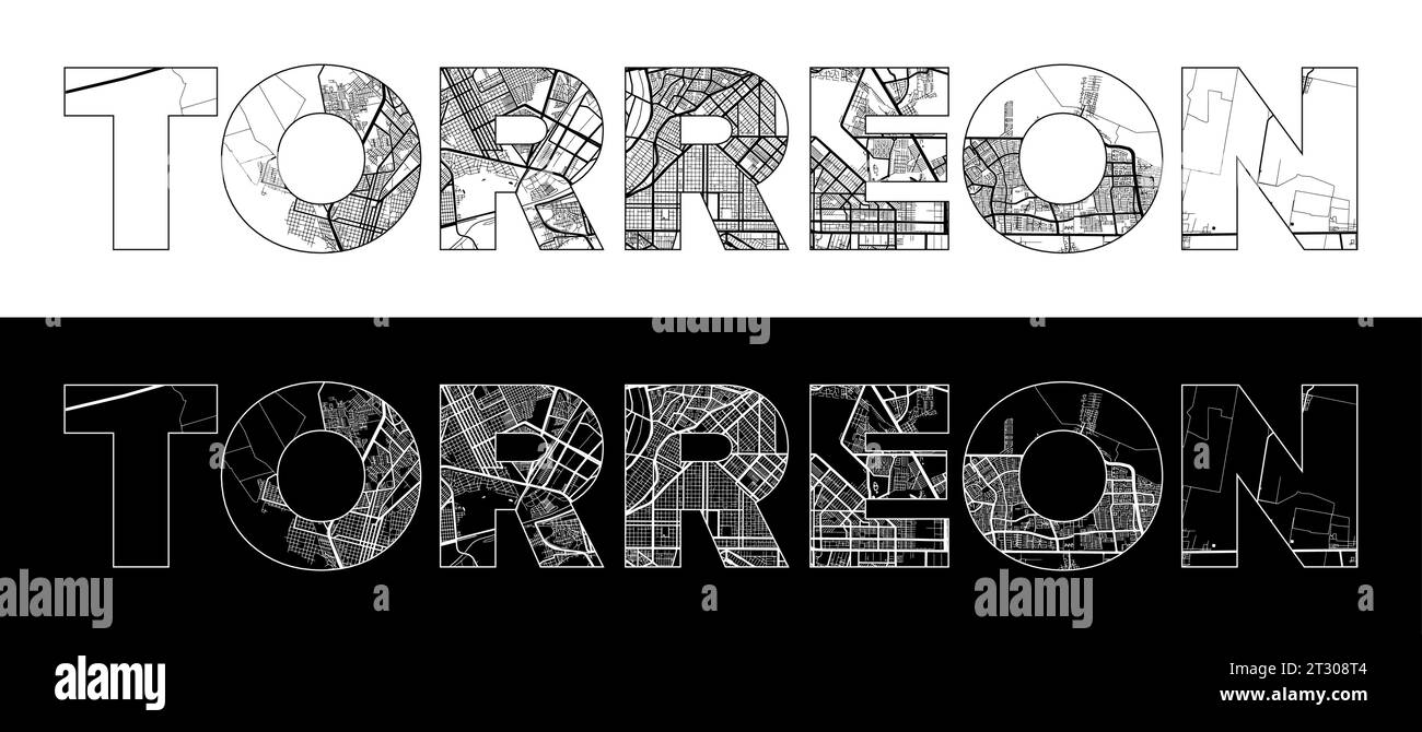 Torreon City Name (Mexico, North America) with black white city map ...