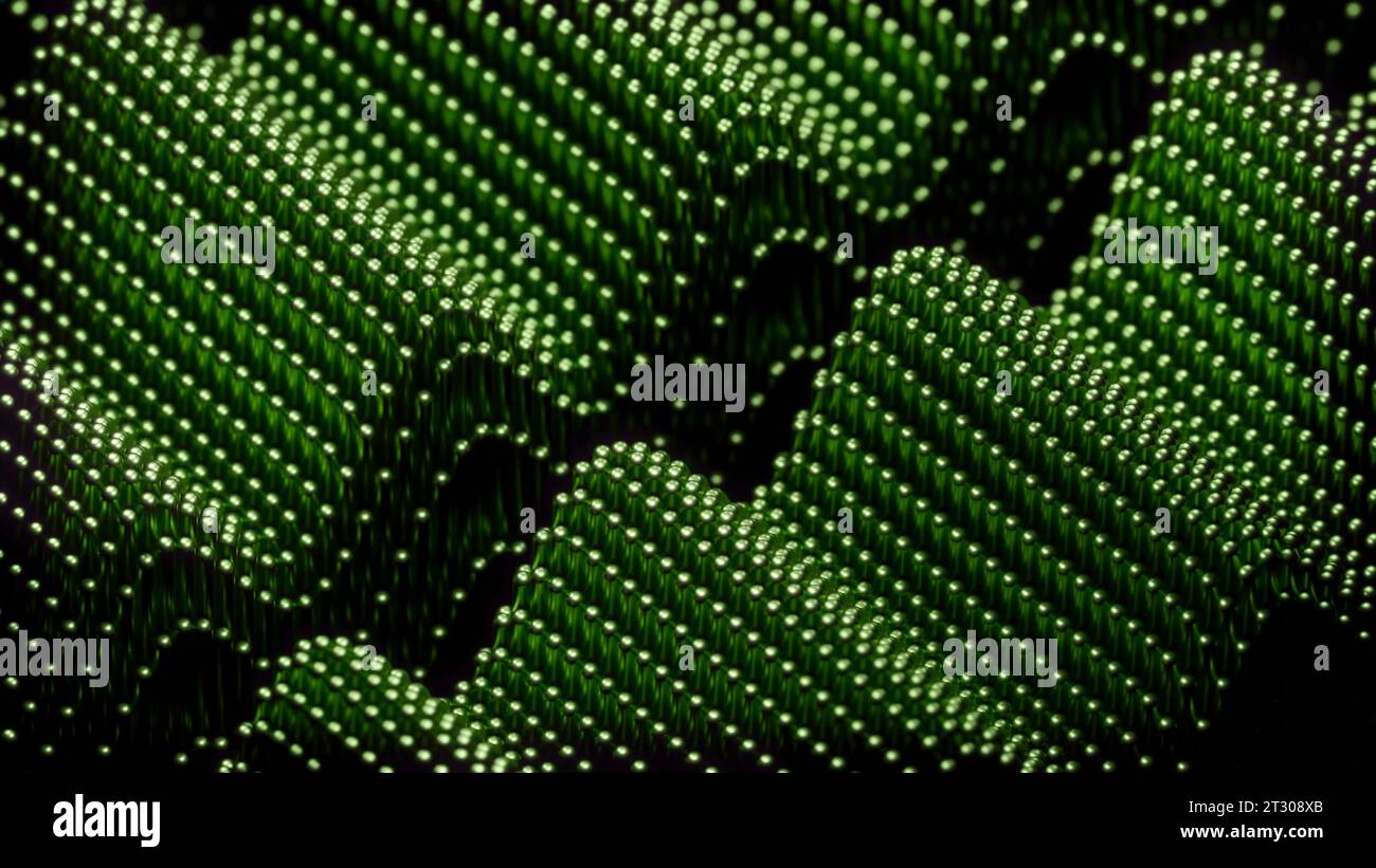 3D dots move with wave structure. Design. 3D space with moving metal ...
