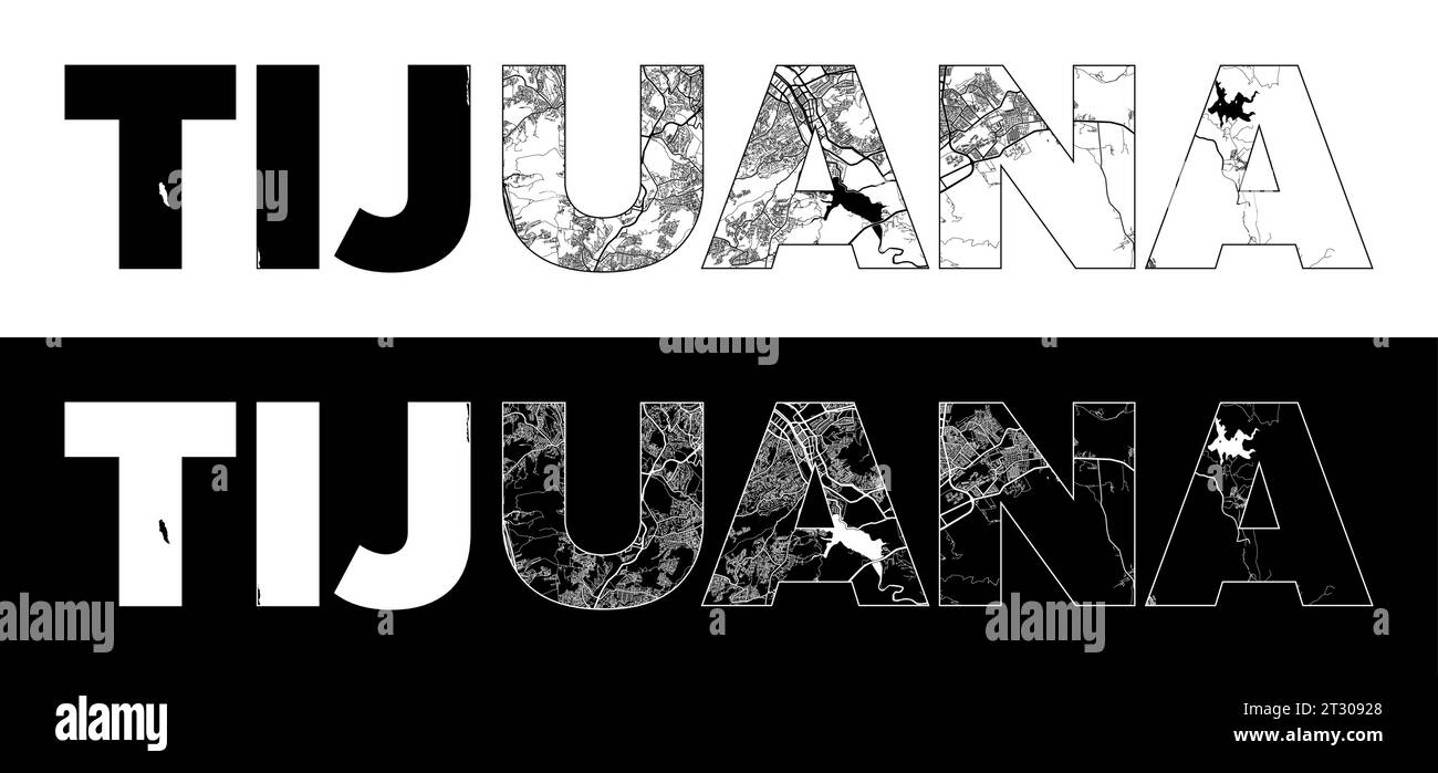 Tijuana City Name (Mexico, North America) with black white city map ...