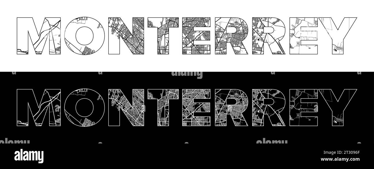 Monterrey City Name (Mexico, North America) with black white city map ...