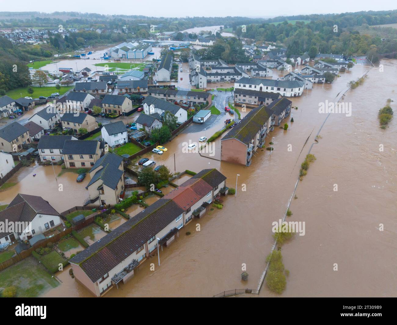 Aerial view of flooded housing and streets in Brechin after the River ...