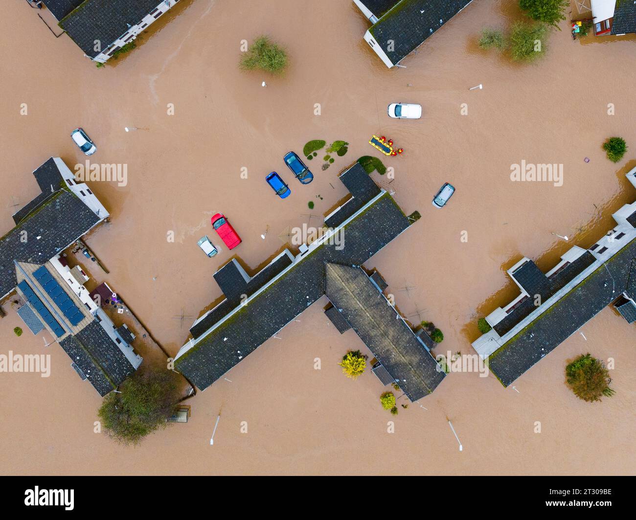 Aerial view of flooded housing and streets in Brechin after the River ...