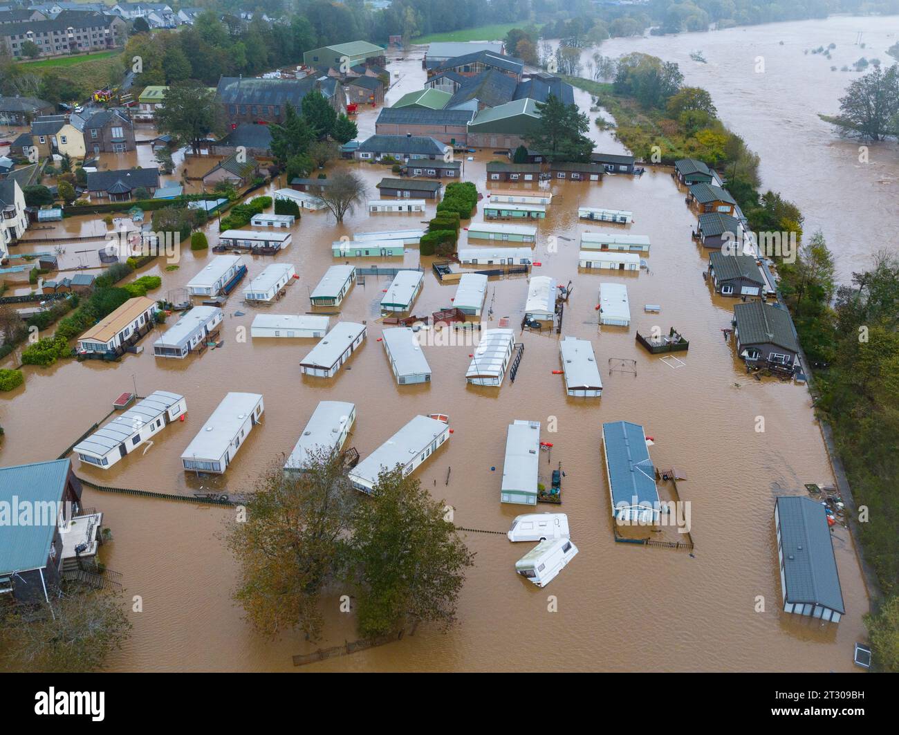 Aerial view of flooded caravan park in Brechin after the River South ...