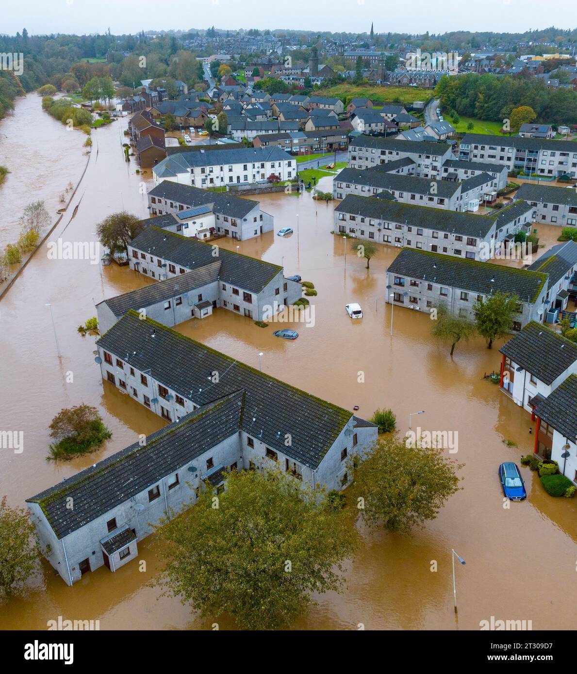 Aerial view of flooded housing and streets in Brechin after the River ...