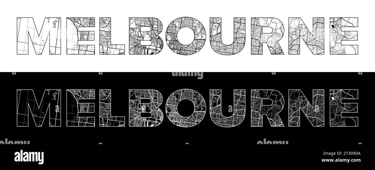 Melbourne City Name (, Australia) with black white city map illustration vector Stock Vector ...