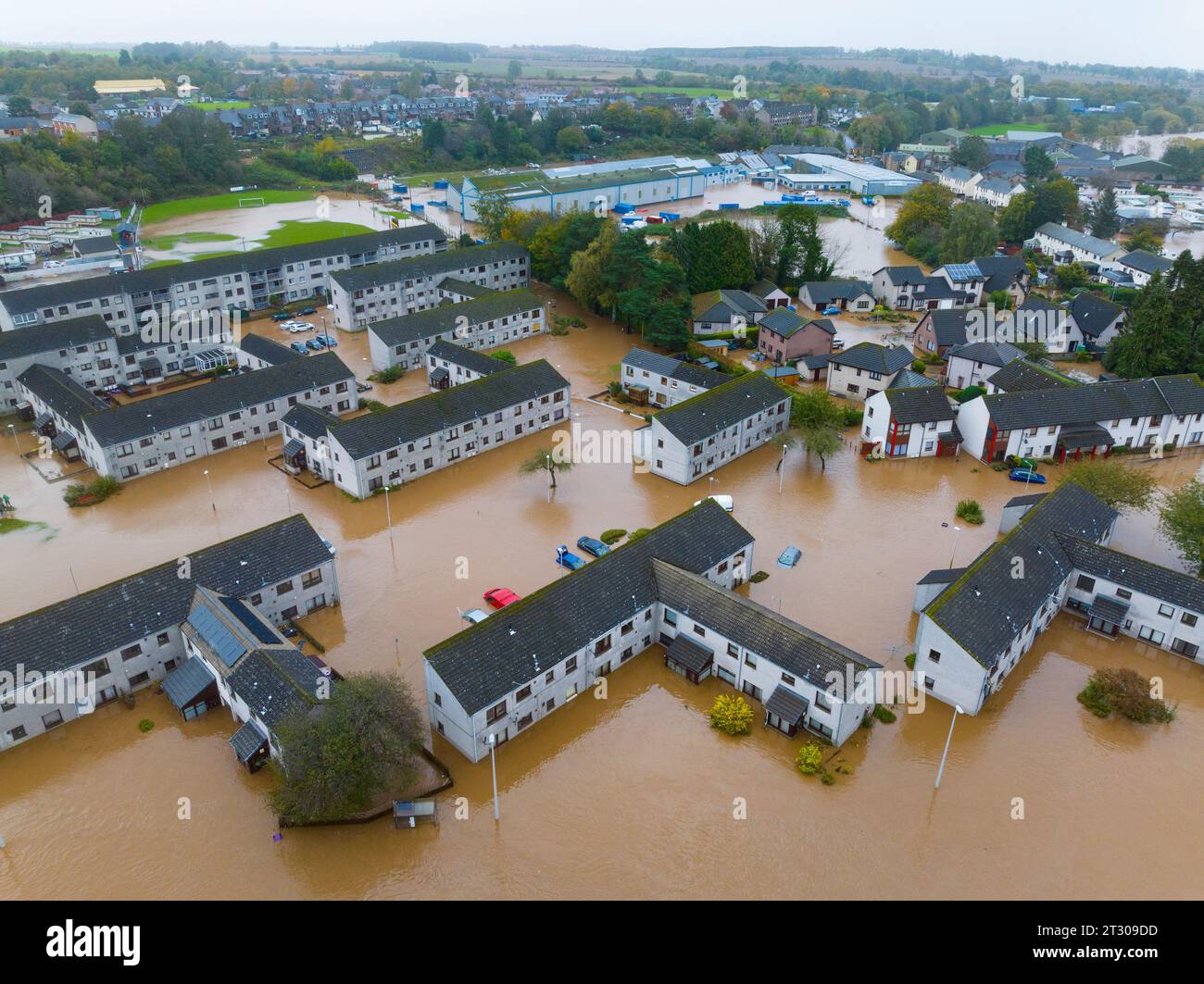 Aerial view of flooded housing and streets in Brechin after the River ...