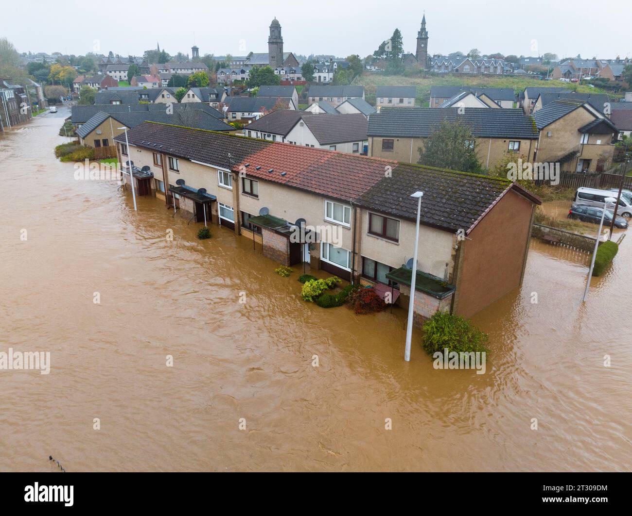 Aerial view of flooded housing and streets in Brechin after the River ...
