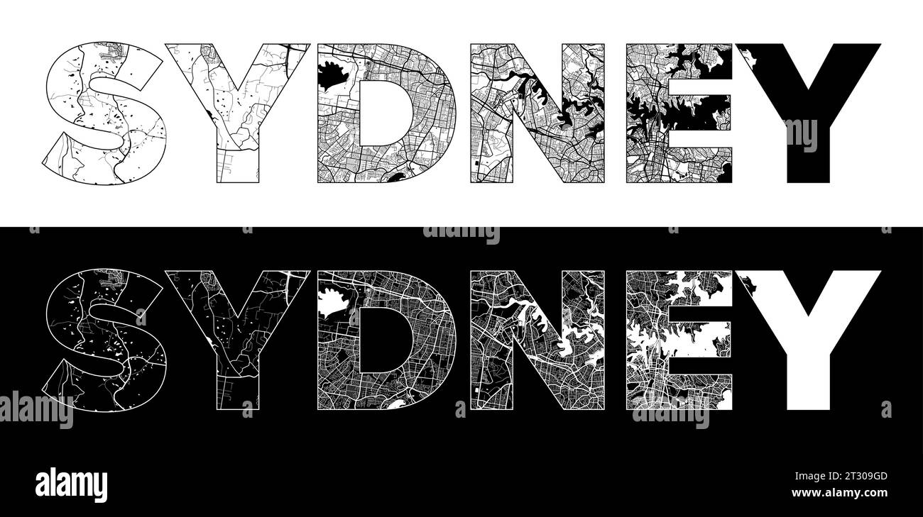 Sydney City Name (, Australia) with black white city map illustration ...