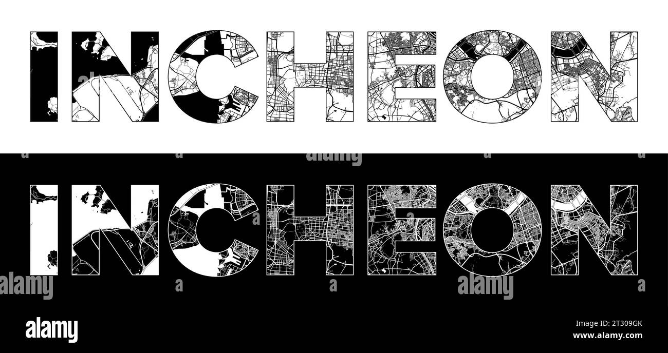 Incheon City Name (South Korea, Asia) with black white city map ...