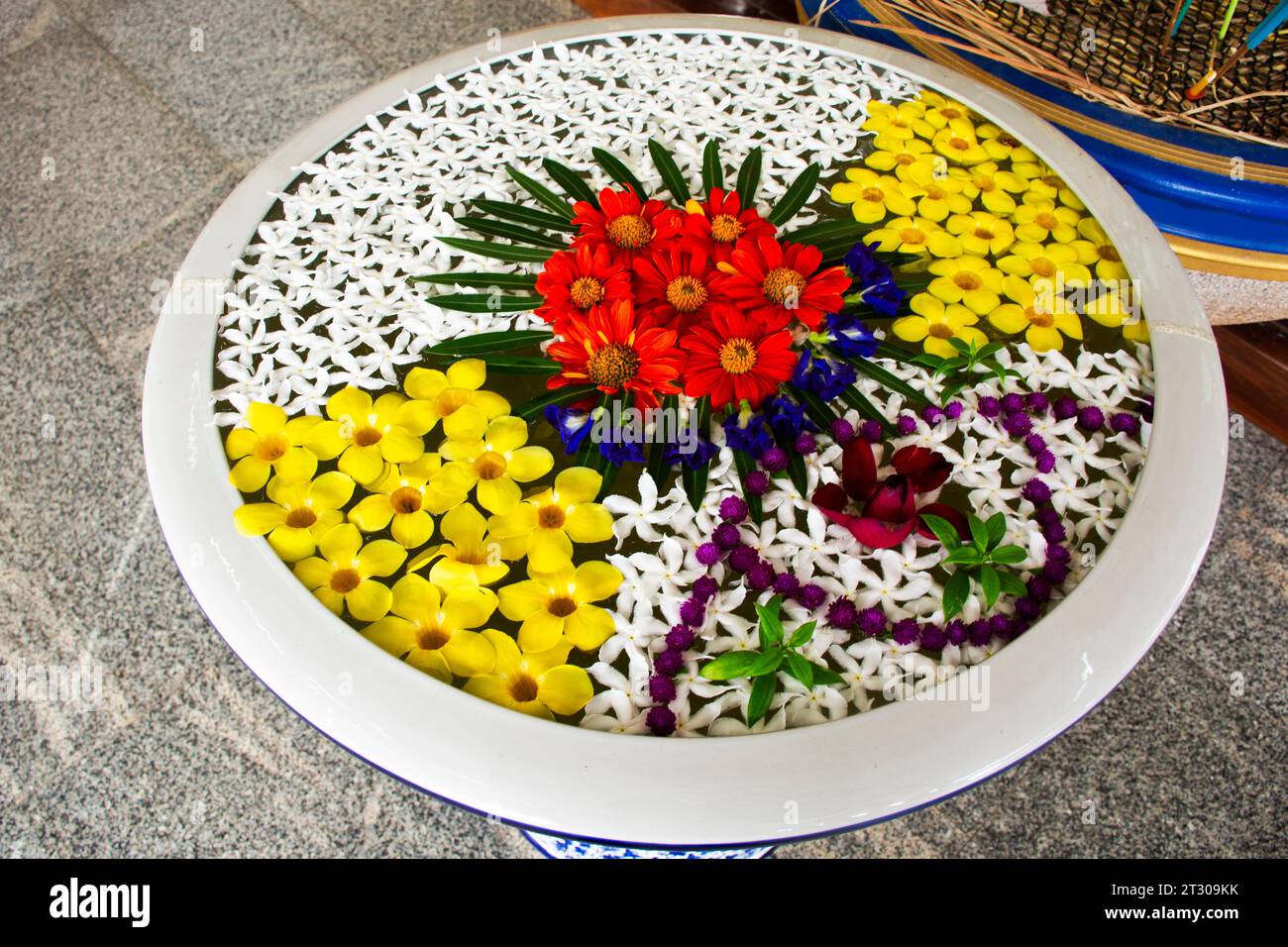 Offering many beauty flower flora blossom floating in ceramic basin or ...