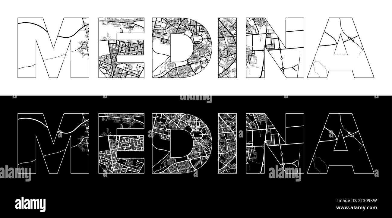 Medina City Name (Saudi Arabia, Asia) with black white city map ...