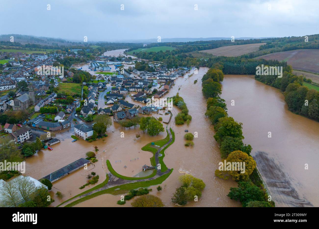 Aerial view of flooded housing and streets in Brechin after the River ...