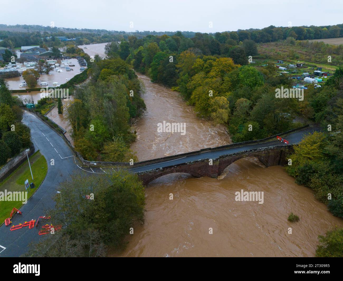 Aerial view of stone arch Brechin Bridge closed to traffic in Brechin ...