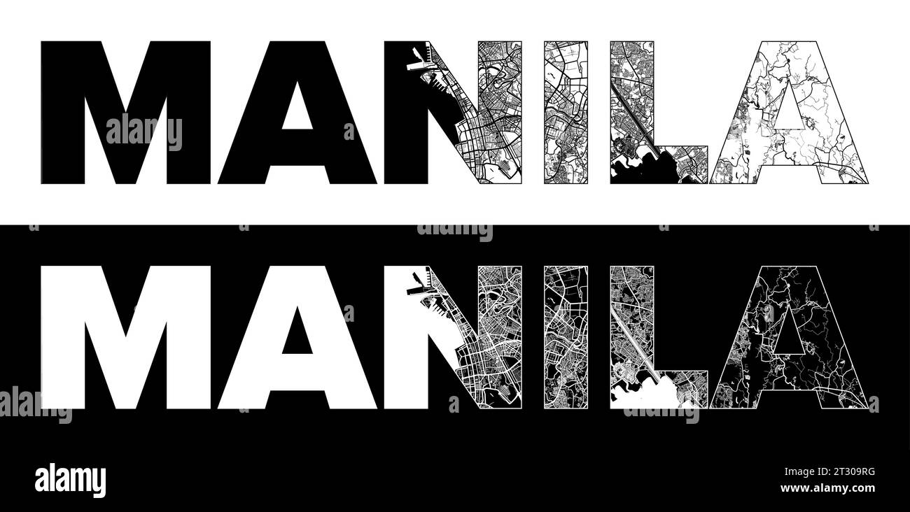 Manila City Name (Philippines, Asia) with black white city map ...