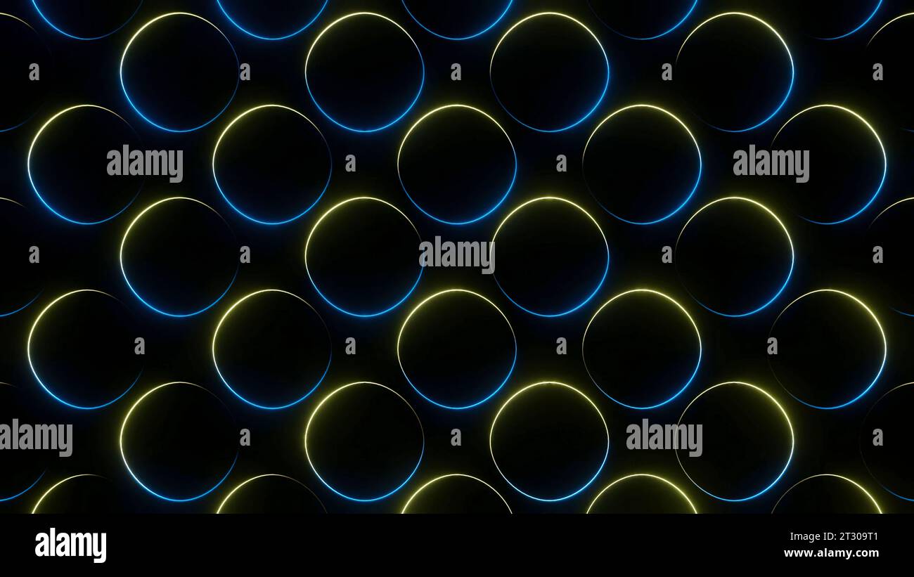 Background of shimmering neon rings on black background. Design. 3D ...