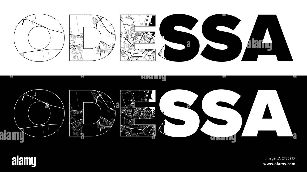 Odessa City Name (Ukraine, Europe) with black white city map ...