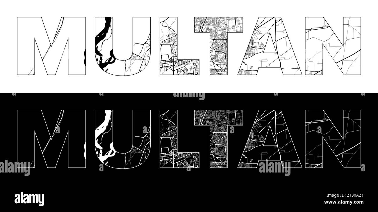 Multan City Name (Pakistan, Asia) with black white city map ...