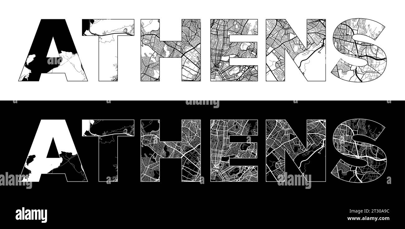 Athens City Name (Greece, Europe) with black white city map ...