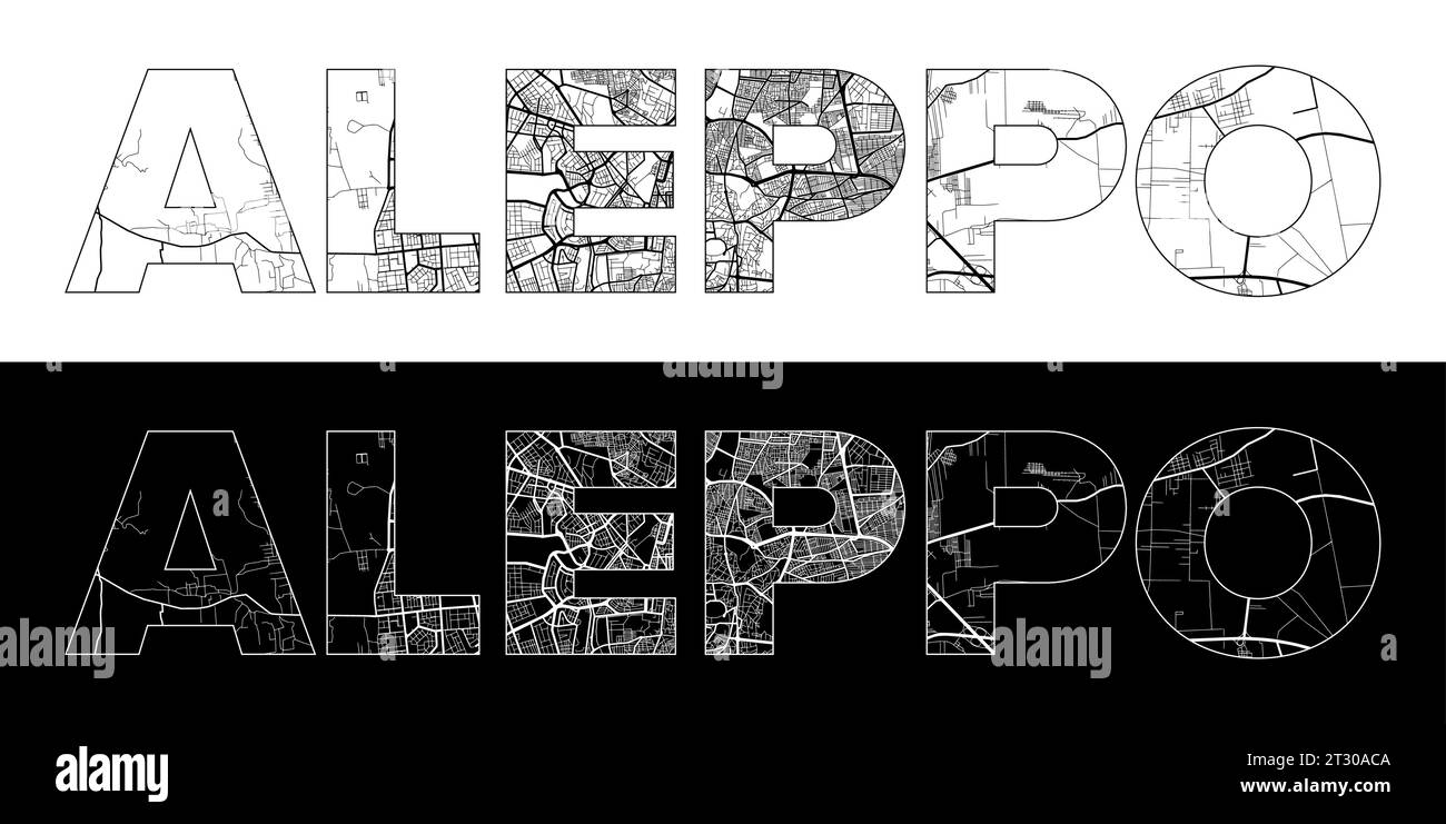 Aleppo City Name (Syria, Asia) with black white city map illustration ...