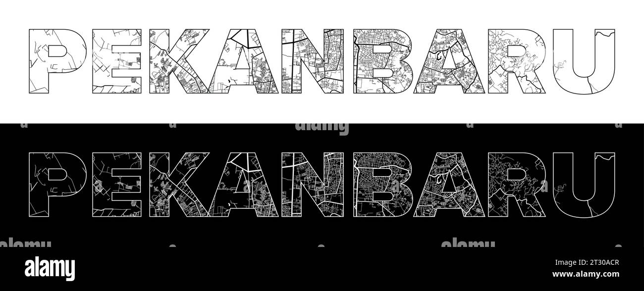 Pekanbaru City Name (Indonesia, Asia) with black white city map ...
