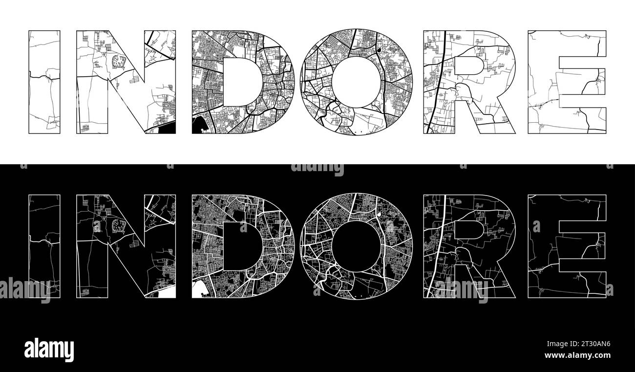 Indore City Name (India, Asia) with black white city map illustration ...