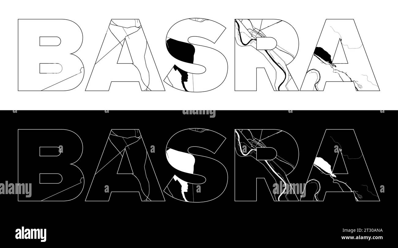 Basra City Name (Iraq, Asia) with black white city map illustration ...