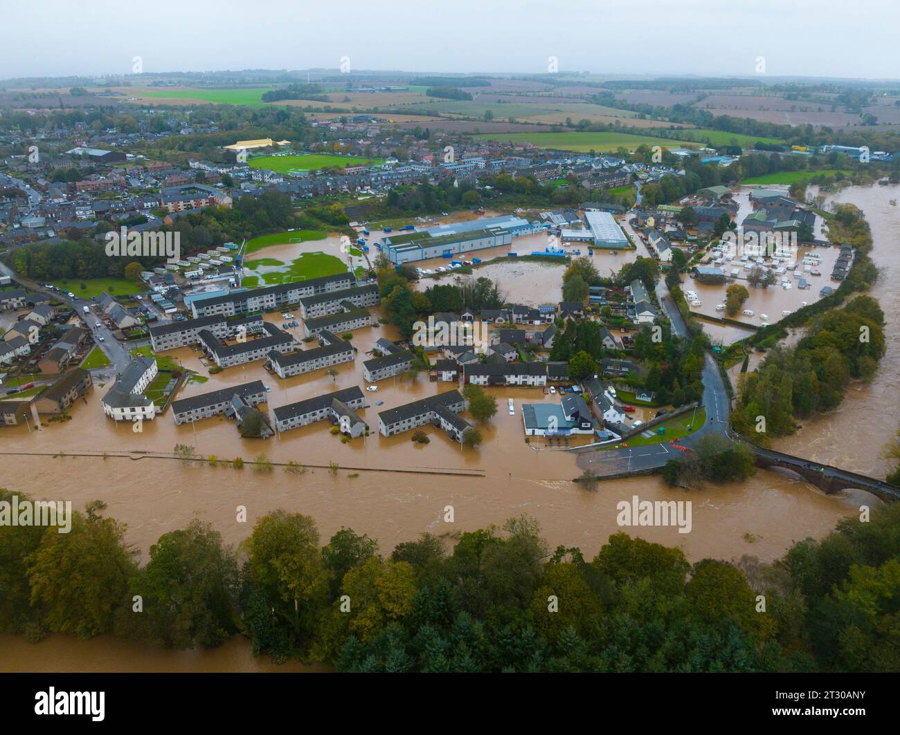 Aerial view of flooded housing and streets in Brechin after the River ...