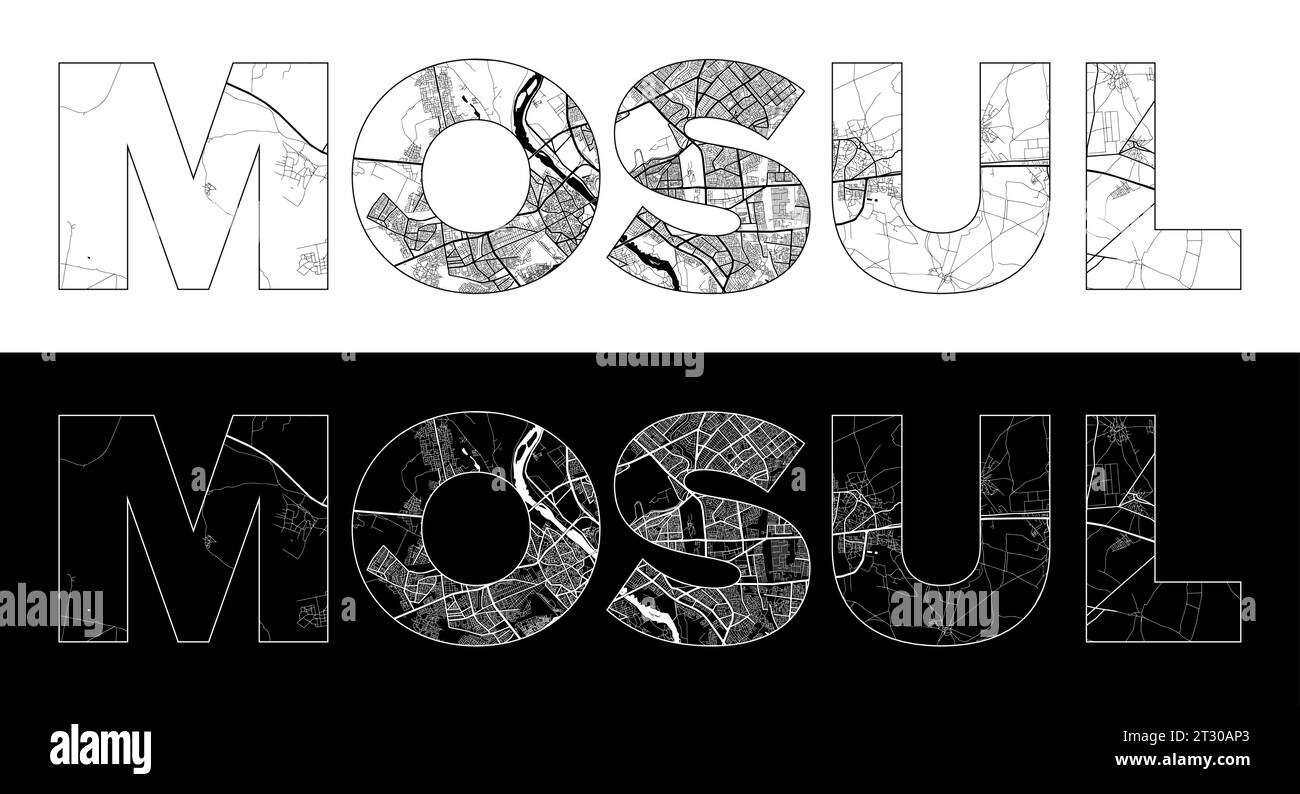 Mosul City Name (Iraq, Asia) with black white city map illustration ...