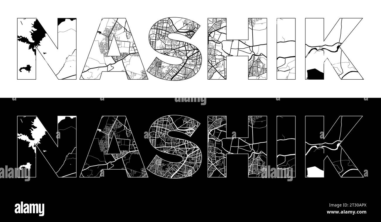 Nashik City Name (India, Asia) with black white city map illustration ...