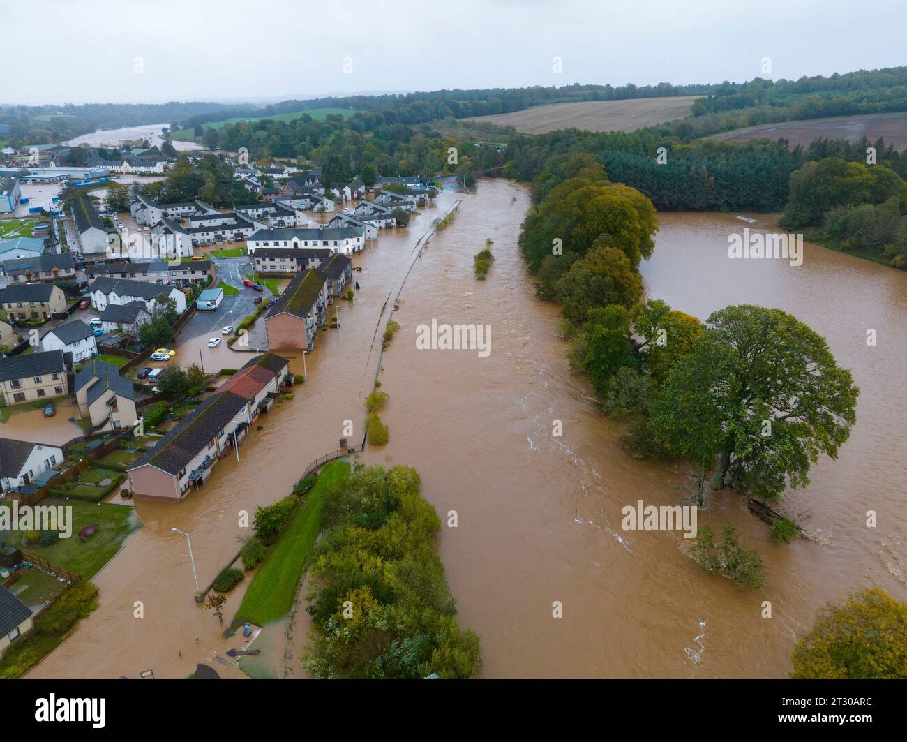 Aerial view of flooded housing and streets in Brechin after the River ...