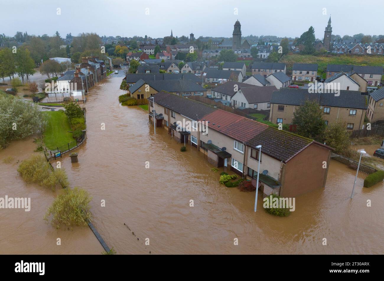 Aerial view of flooded housing and streets in Brechin after the River ...