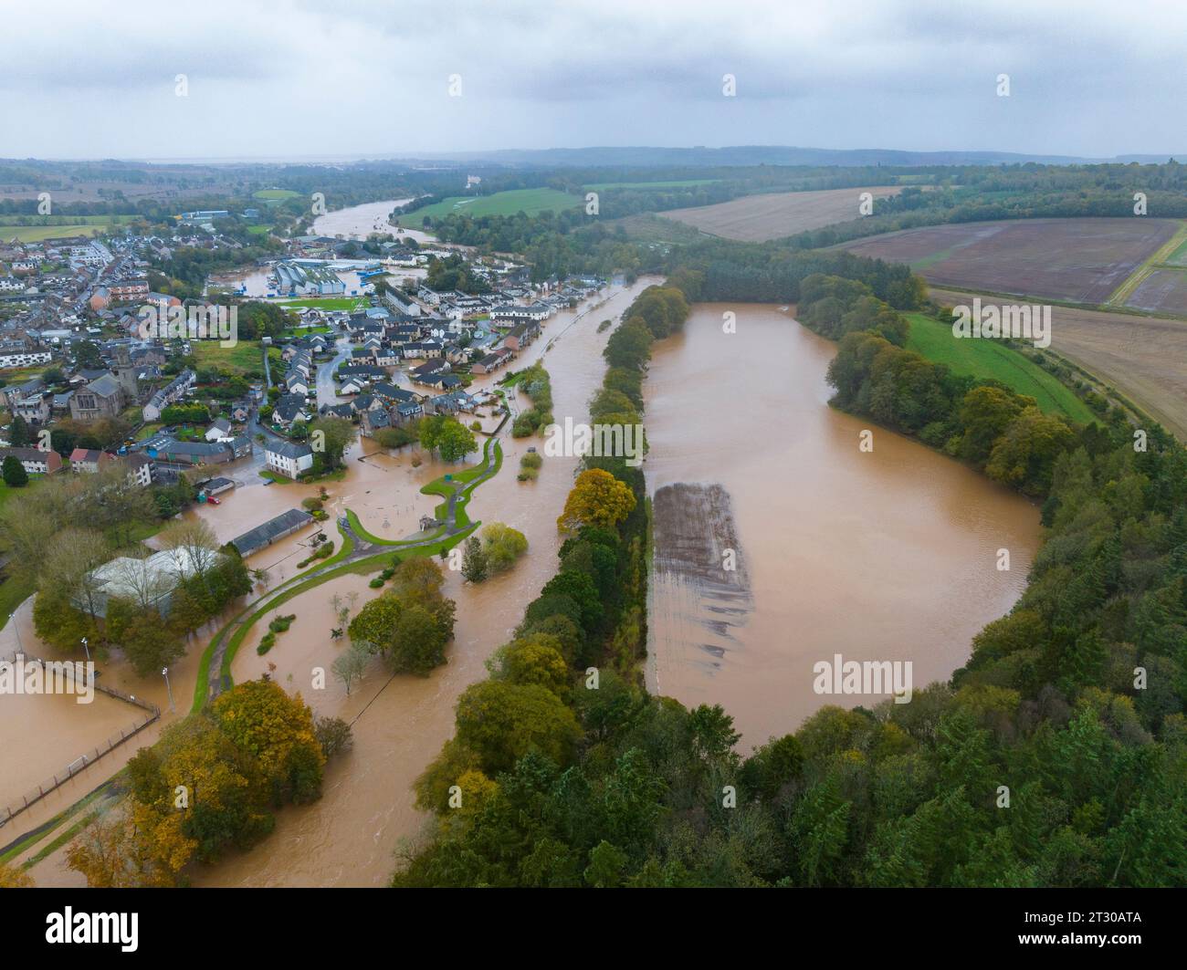 Aerial view of flooded housing and streets in Brechin after the River ...