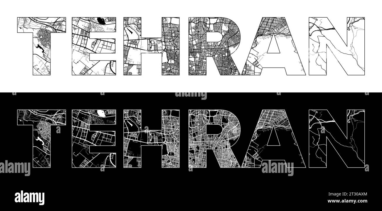 Tehran City Name (Iran, Asia) with black white city map illustration ...