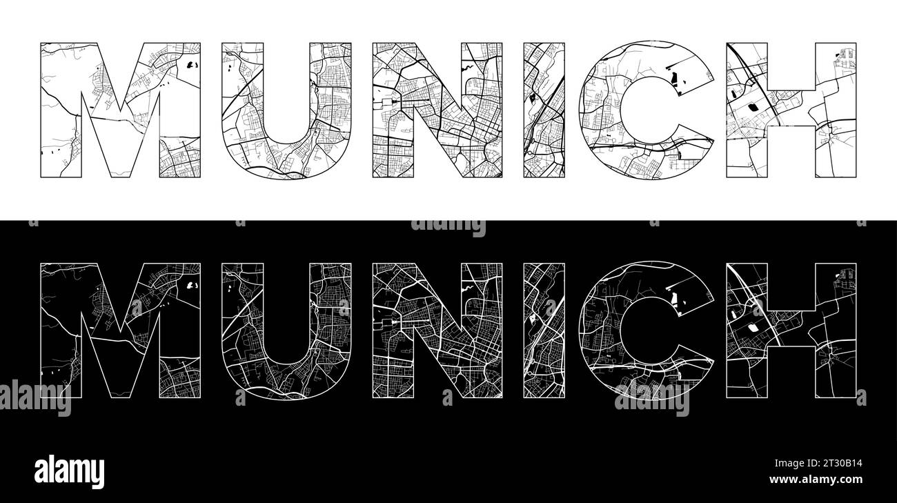 Munich City Name (Germany, Europe) with black white city map ...