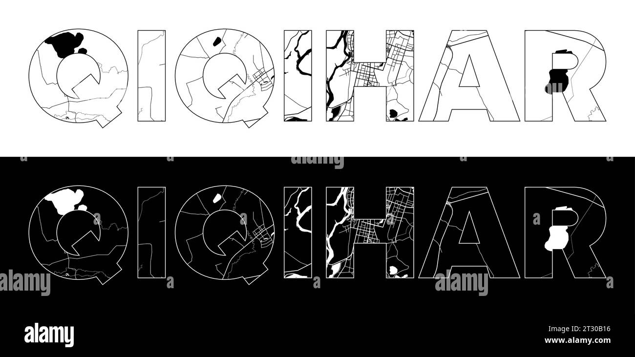Qiqihar City Name (China, Asia) with black white city map illustration ...