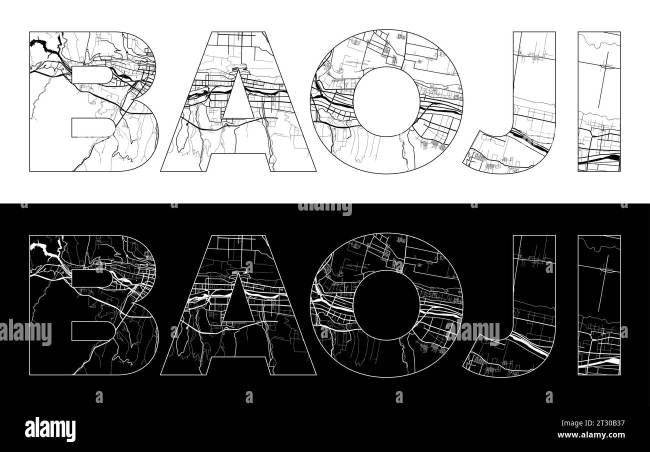 Baoji City Name (China, Asia) with black white city map illustration ...