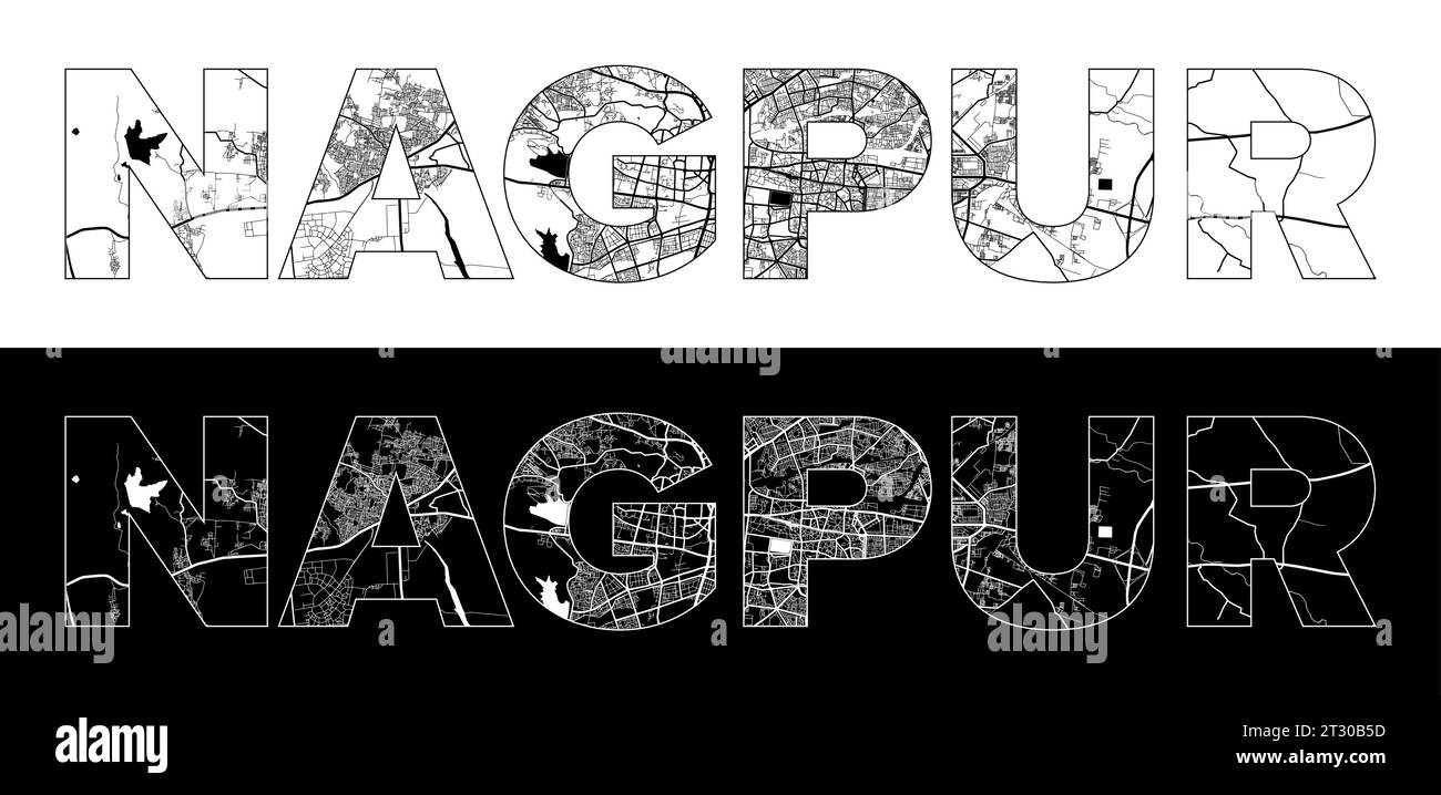 Nagpur City Name (India, Asia) with black white city map illustration ...
