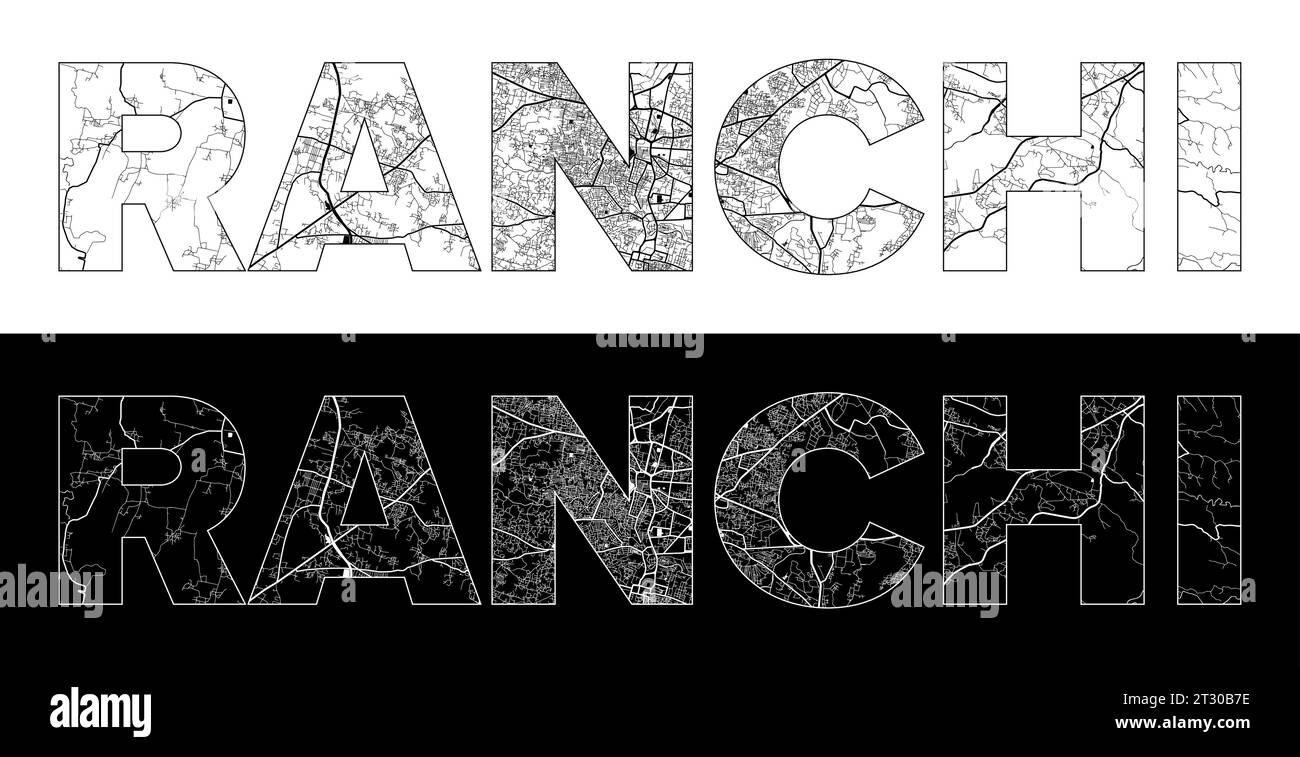 Ranchi City Name (India, Asia) with black white city map illustration ...