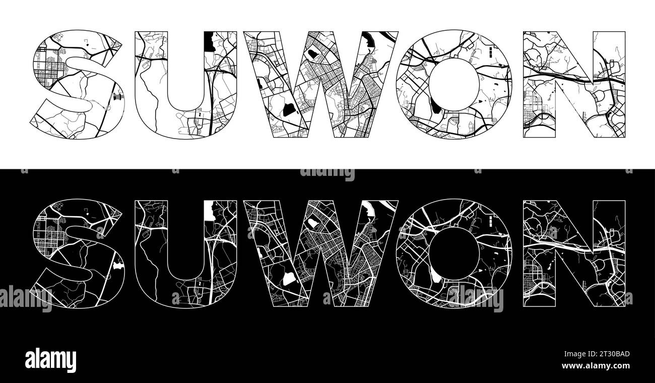 Suwon City Name (South Korea, Asia) with black white city map ...