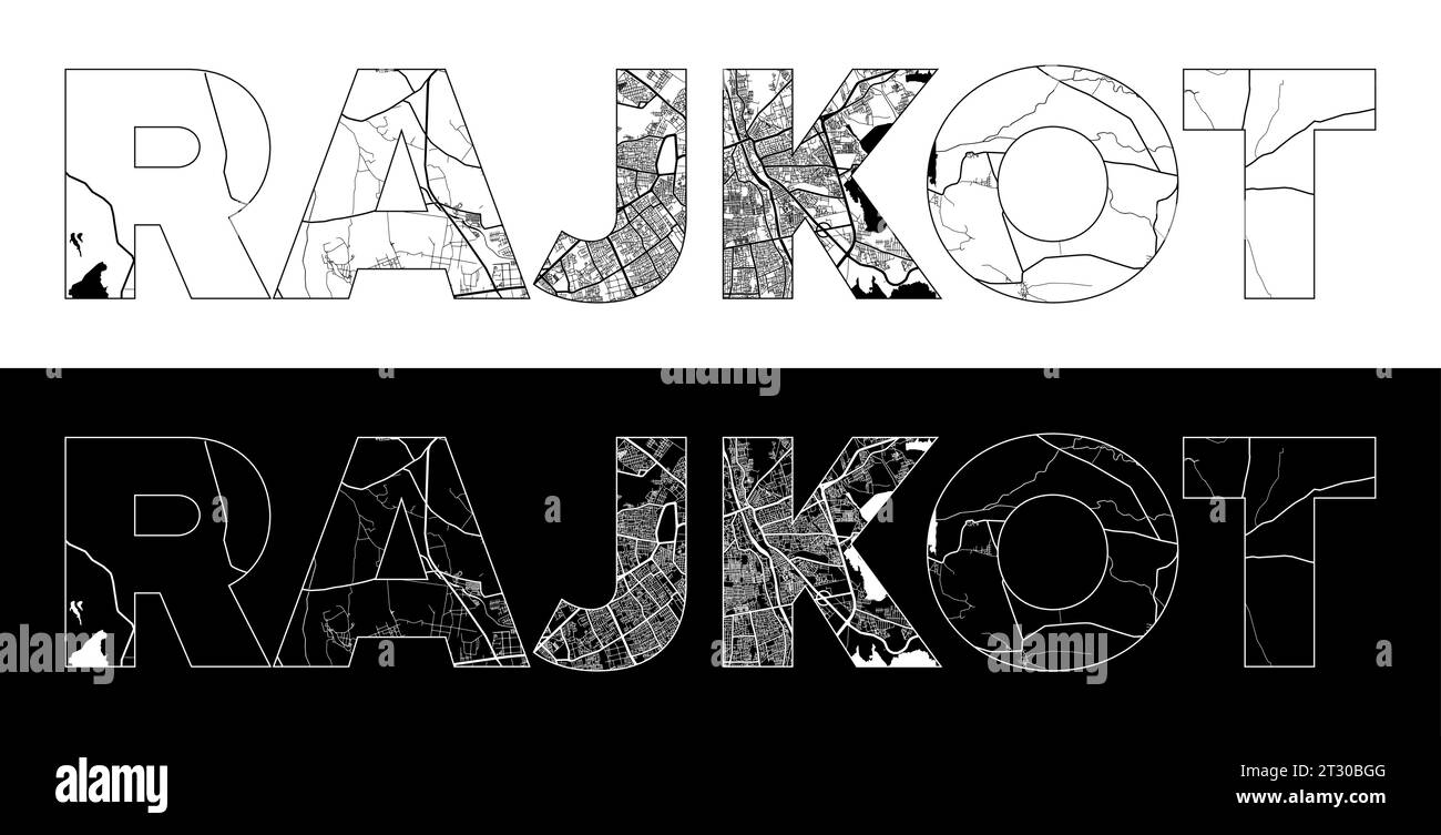 Rajkot City Name (India, Asia) with black white city map illustration ...