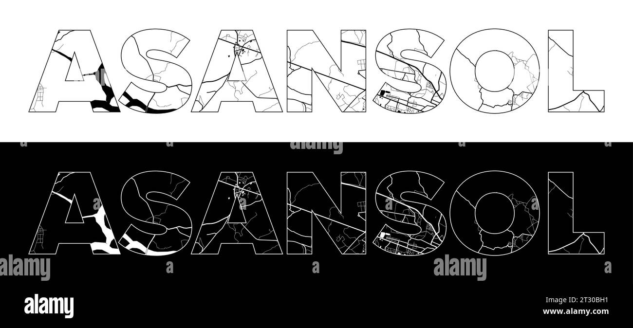 Asansol City Name (India, Asia) with black white city map illustration ...