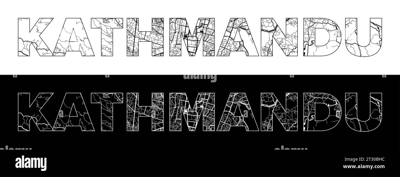 Kathmandu City Name (Nepal, Asia) with black white city map ...
