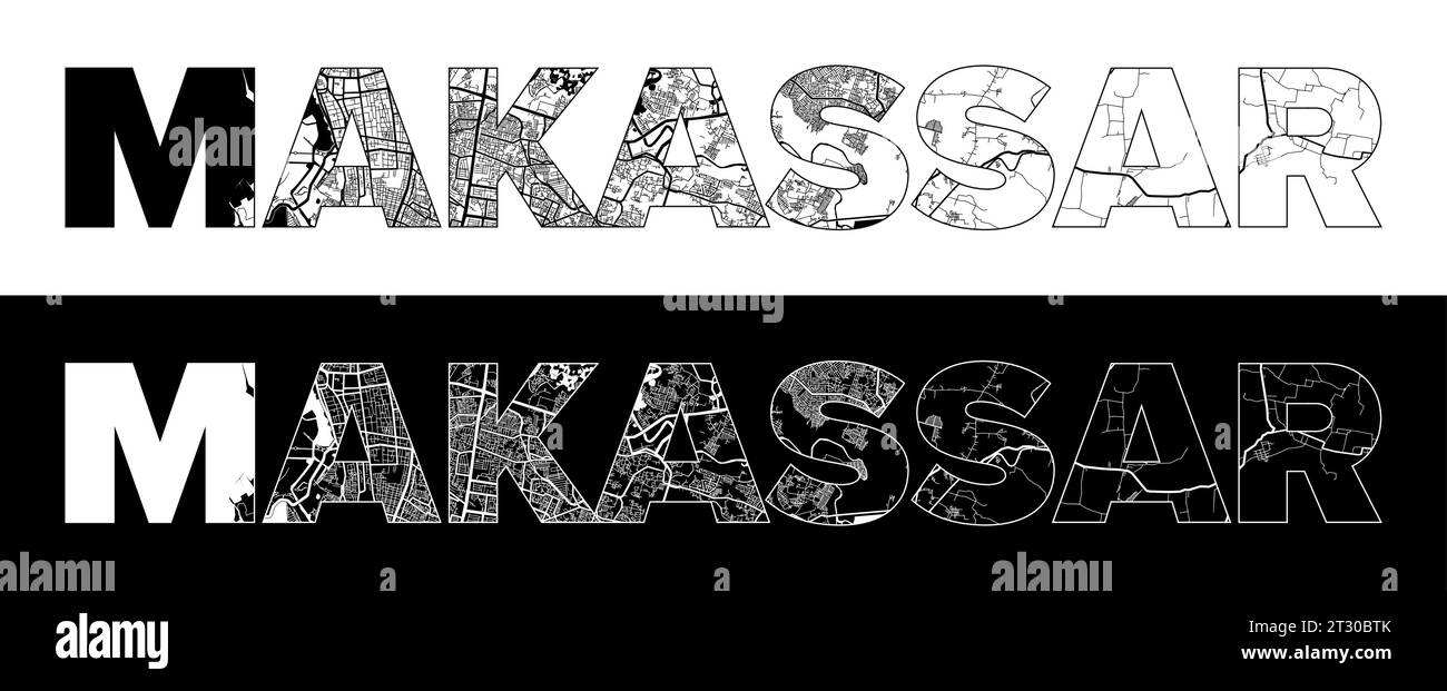 Makassar City Name (Indonesia, Asia) with black white city map ...